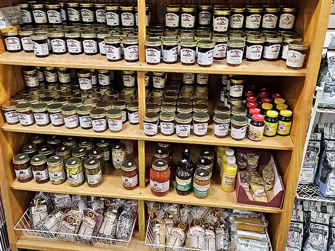 The jam and jelly section could make a minimalist break out in hives—shelves stocked with enough preserved fruit to survive any apocalypse in sweet style.