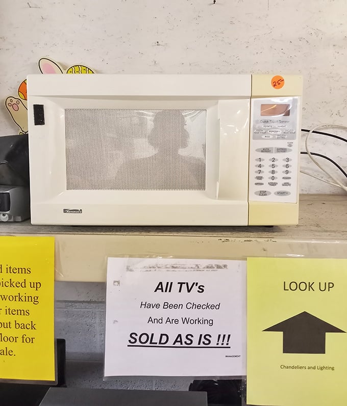 "All TVs have been checked" – the microwave stands ready for its second act in a new kitchen.