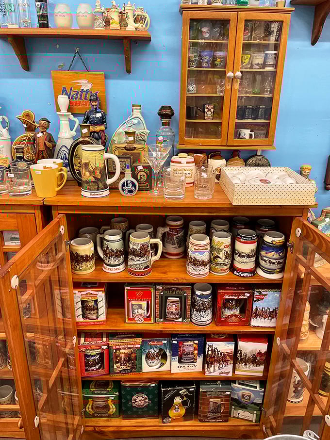 Vintage collectible steins and decorative mugs tell stories of bygone eras, each one a conversation piece waiting for the right home.