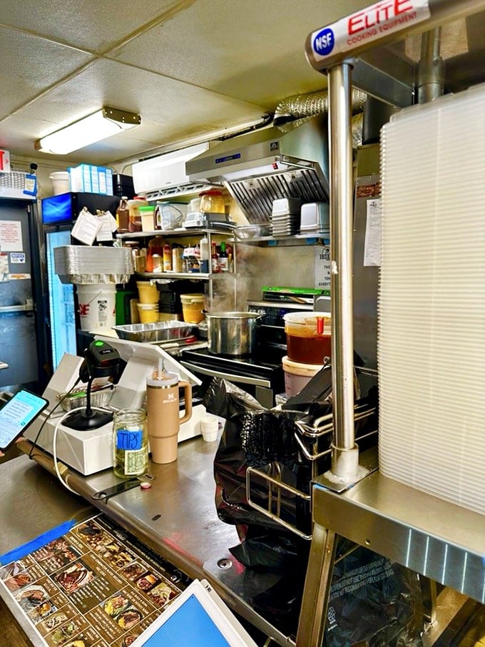 Behind this humble counter, barbecue magic happens. It's like peeking behind the curtain at the meat wizard's laboratory.