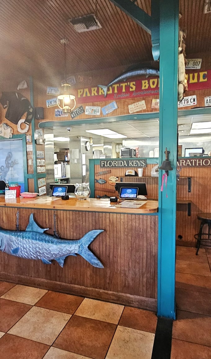Where seafood dreams come true. This wooden counter with its Florida Keys sign isn't just a checkout—it's the gateway to deliciousness.