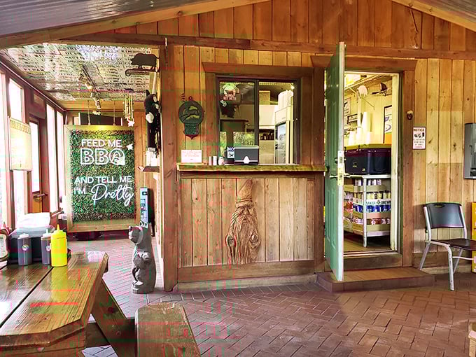 The ordering window—that magical portal where dreams become reality. "Feed me BBQ and tell me I'm pretty" says what we're all thinking.