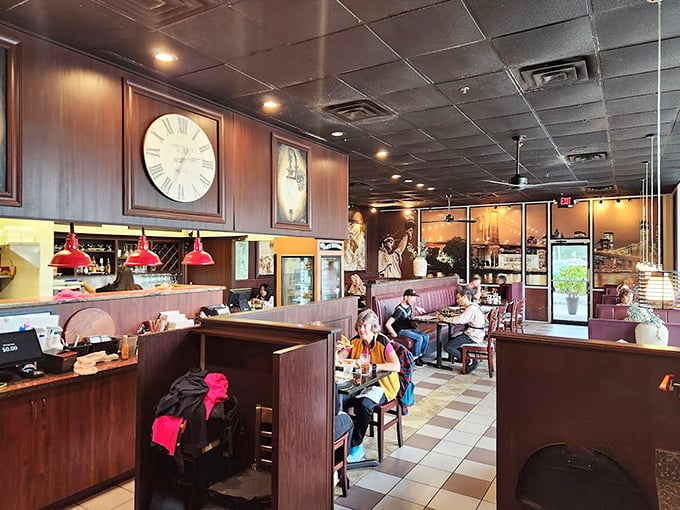 Classic diner ambiance with modern touches—where red pendant lights cast a warm glow over conversations and coffee refills flow freely.