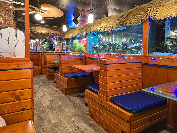 Tiki-inspired booths with blue cushions create the perfect "I'm on vacation even though I live 20 minutes away" atmosphere that Florida dining is all about.