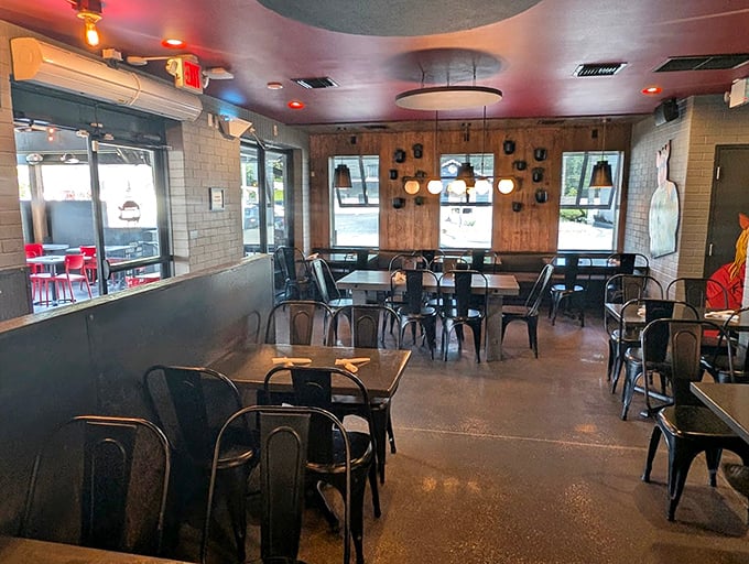 The dining room feels like the cool living room of that friend who always throws the best dinner parties. Industrial meets homey in perfect harmony.