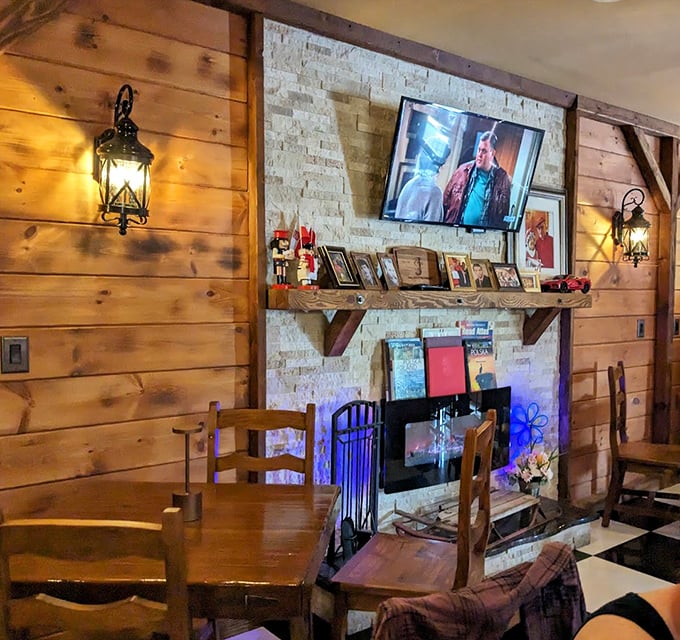 Rustic wooden walls and stone fireplace create the perfect backdrop for Polish comfort food—like dining in a mountain lodge in Zakopane.