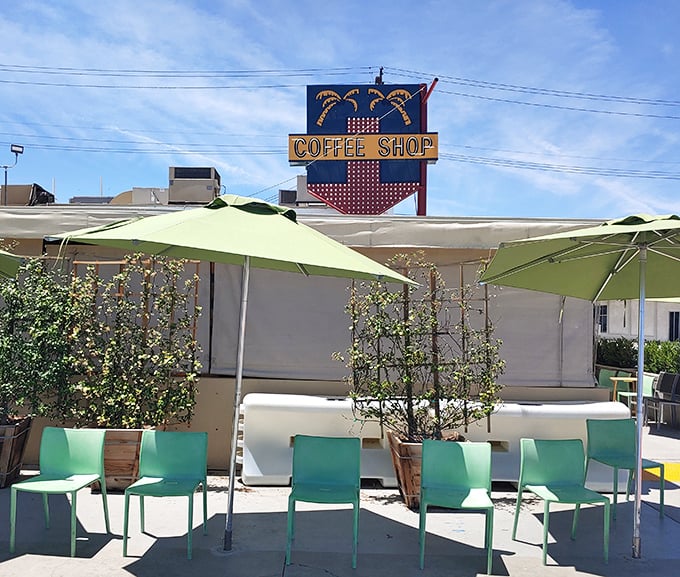 Outdoor seating under cheerful umbrellas transforms breakfast into a California sunshine celebration any day.