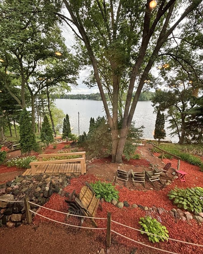 Nature and nurture combine in this lakeside seating area where Adirondack chairs invite you to digest while watching the sunset.