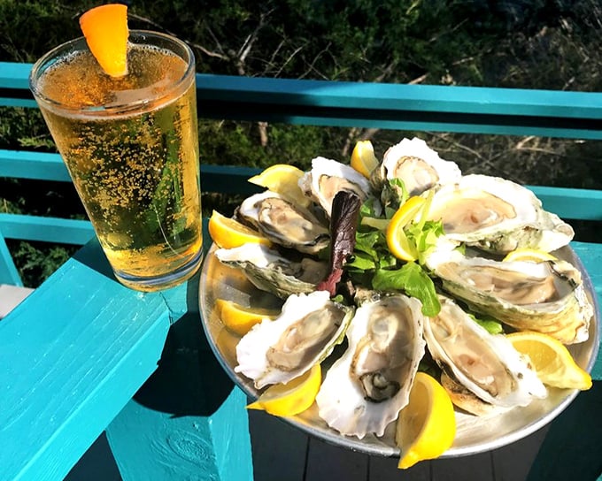 Fresh oysters on the half shell with a cold beer—nature's perfect pairing and proof that sometimes the ocean knows exactly what it's doing.