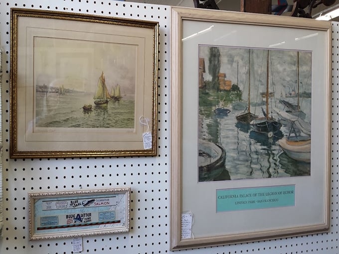 Maritime art that captures the soul of coastal Oregon—where boats bob eternally on painted waters, never needing maintenance or fuel.