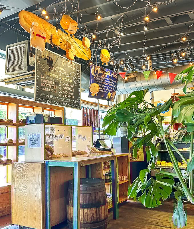 Whimsical decorations hang from the ceiling while a chalkboard menu promises treasures both traditional and unexpected.