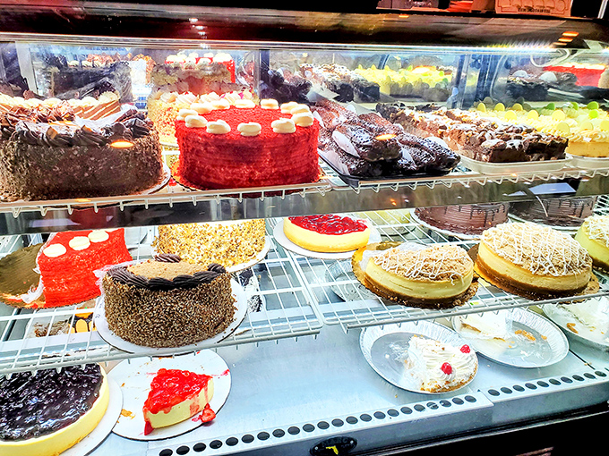 The dessert case – where diets go to die and birthday wishes come true. Each cake a monument to the art of indulgence.