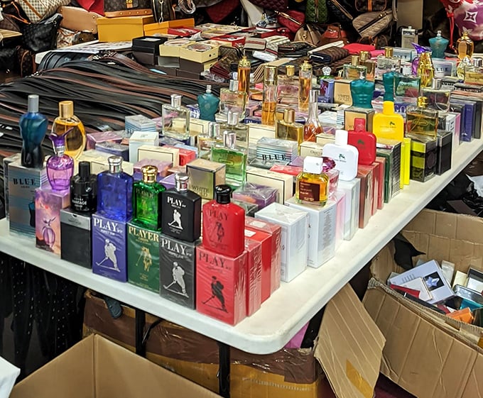 A perfume lover's dream – fragrance bottles standing like colorful soldiers, ready to march home with whoever discovers their scent.
