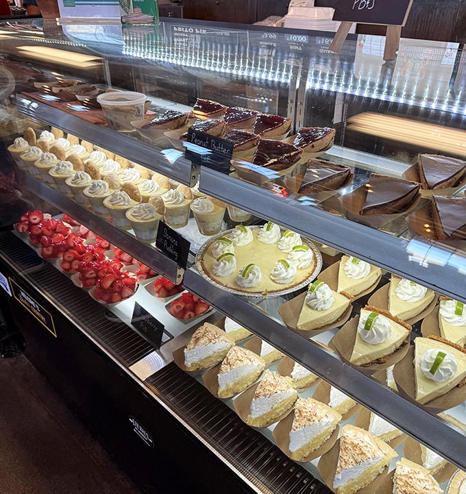 The dessert case—where pie slices wait like beauty pageant contestants, each one vying to be your final indulgence of the day.