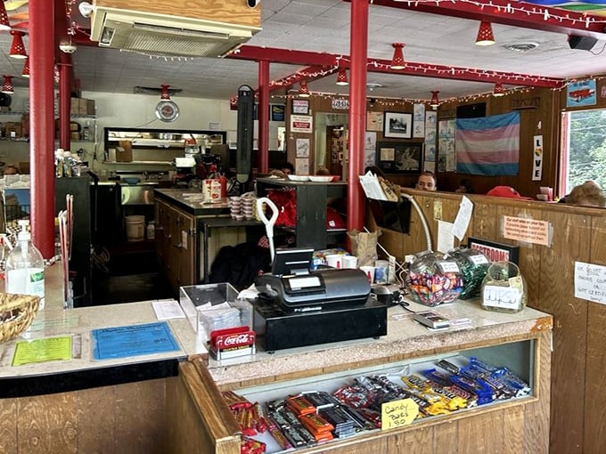 The counter area – where candy bars tempt from below and friendly staff await to take your order with genuine small-town warmth.