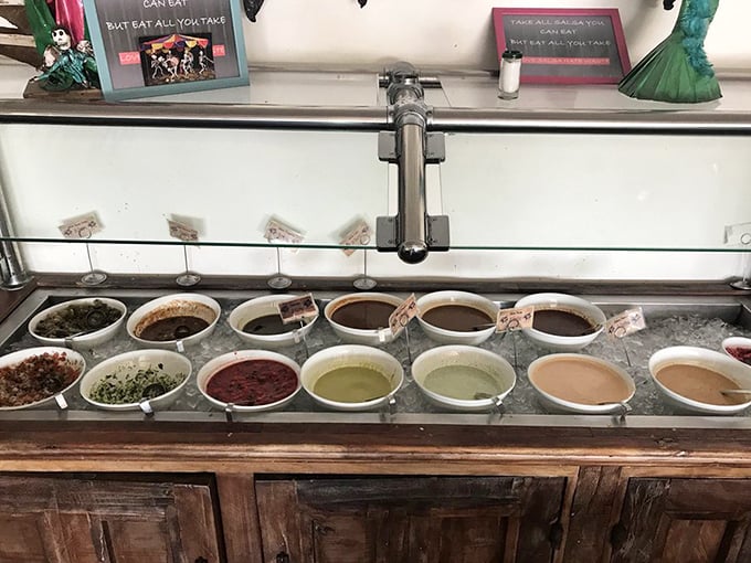 The legendary salsa bar at La Santisima—where mild-mannered diners transform into heat-seeking flavor adventurers. Choose your own culinary adventure!