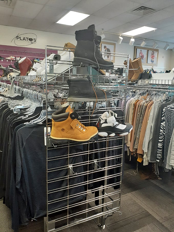 Boots displayed like trophies of fashion victories—Timberland and UGGs mingling democratically on the same rack.