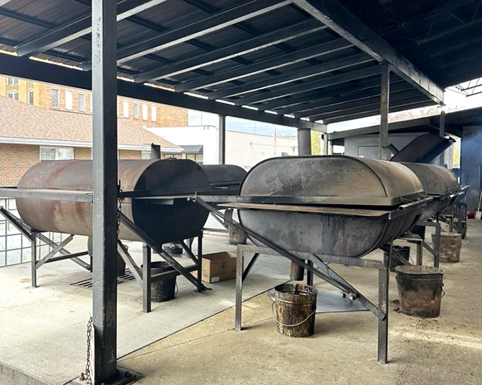 The source of all that smoky magic—these industrial-sized smokers have probably seen more meat than a butcher's convention.