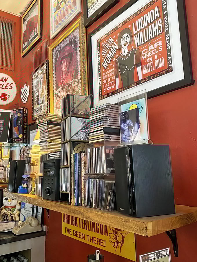 A music lover's paradise where album covers and concert posters create a visual soundtrack that perfectly complements whatever's on your plate.