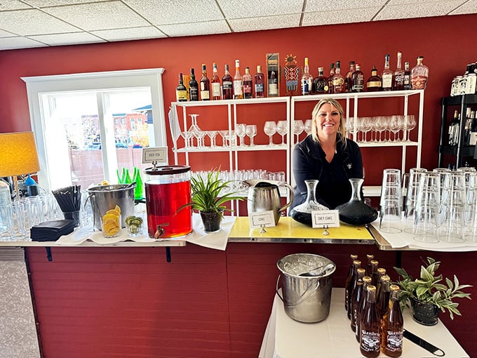 The bar setup promises good times ahead. Those bottles aren't just spirits—they're conversation starters in liquid form.