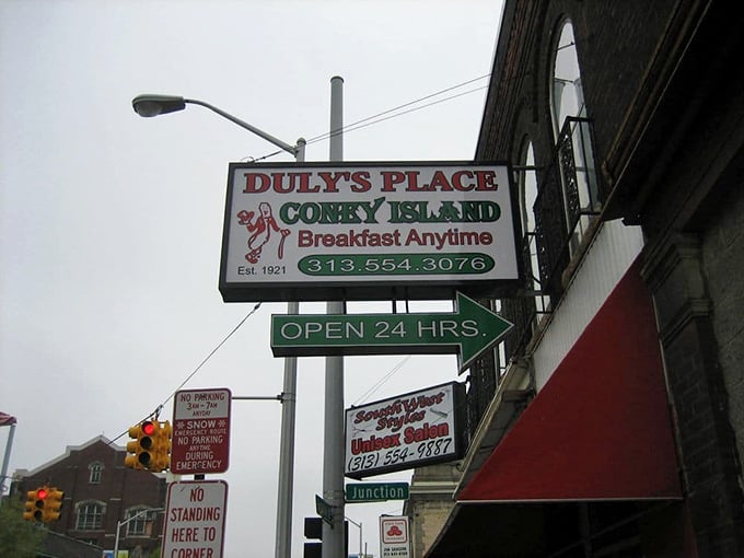 Another classic Duly's sign against the Detroit sky—a beacon for the hungry at any hour of day or night.