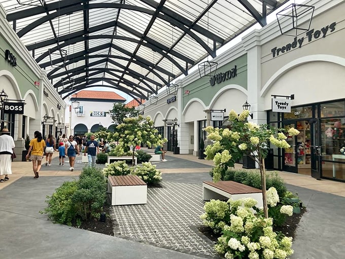 Those hydrangeas aren't just decoration—they're nature's way of saying "take a breath between purchases." Retail therapy with actual therapy. 