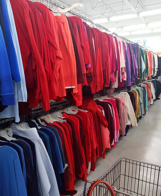 A symphony in scarlet – the color-coordinated clothing system transforms chaos into order, making this rainbow of red sweaters a visual feast.
