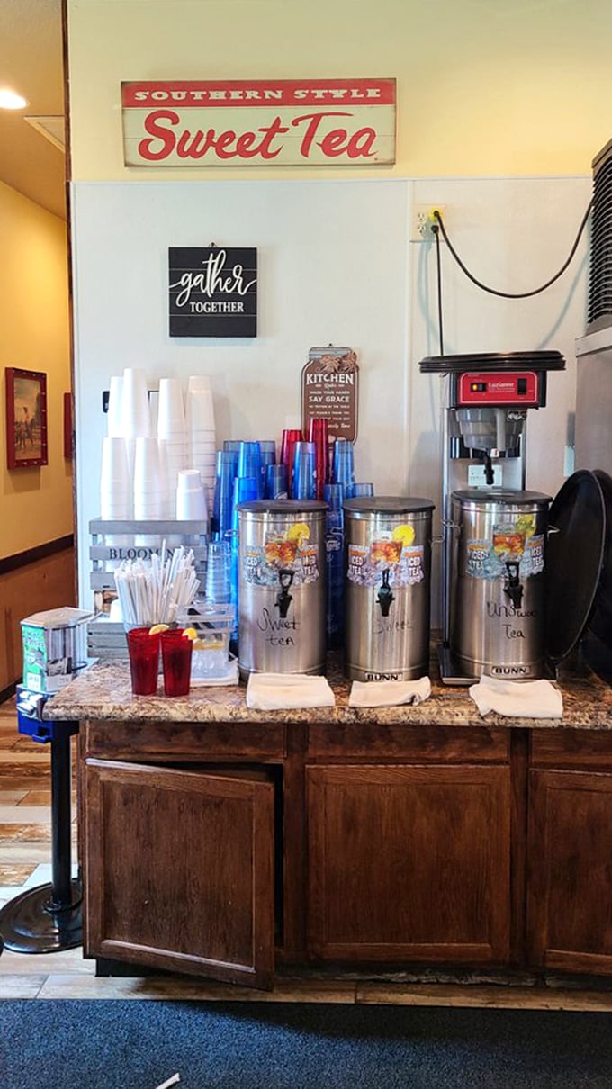Southern Style Sweet Tea station—because in Florida, tea without sugar is just brown water. The "Gather Together" sign says it all.