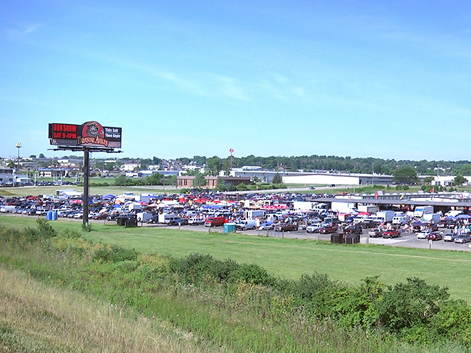 Treasure Aisles from a distance resembles a small city. This aerial view reveals the true scale of Ohio's bargain metropolis, where thousands gather for the weekly ritual.