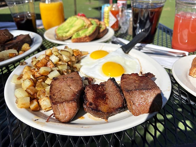 When tri-tip meets breakfast, magic happens – this plate proves that dinner flavors belong at the morning table.