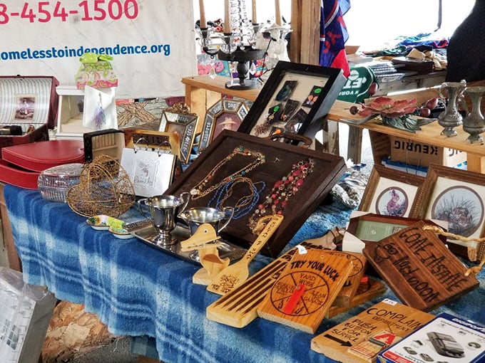 A blue-draped table of memories and possibilities—where someone else's past becomes your conversation piece for years to come.