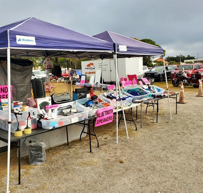 Purple tents and possibility—where else can you furnish a house and find a hobby all before lunch?
