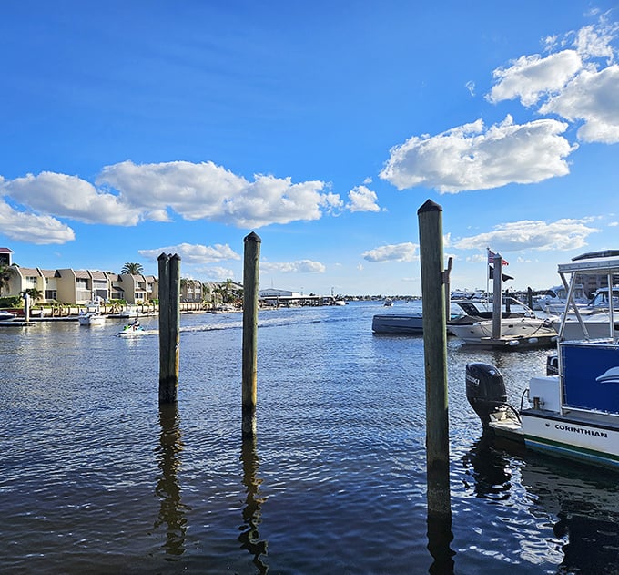 The waterfront view reminds you why people pay Florida property taxes—endless blue skies, gentle waves, and boats bobbing like they haven't a care in the world.
