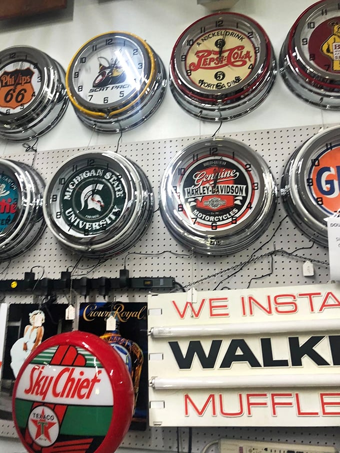 Time literally stands still in this collection of vintage clocks. Pepsi, Phillips 66, and Michigan State—nostalgia by the hour.