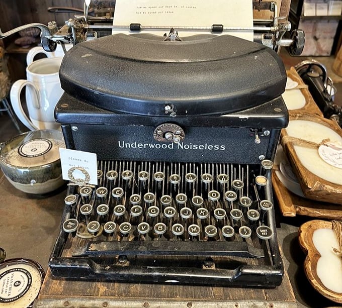 This vintage Underwood typewriter isn't just decoration – it's a reminder that some things, like handcrafted cider and preserves, are timeless classics worth preserving.