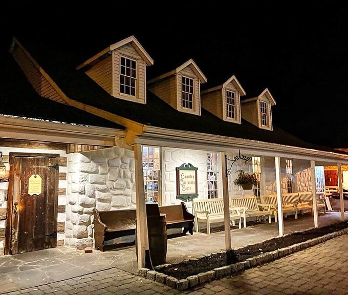 Nighttime transforms the colonial façade into a welcoming beacon for hungry history enthusiasts and modern-day food pilgrims alike.