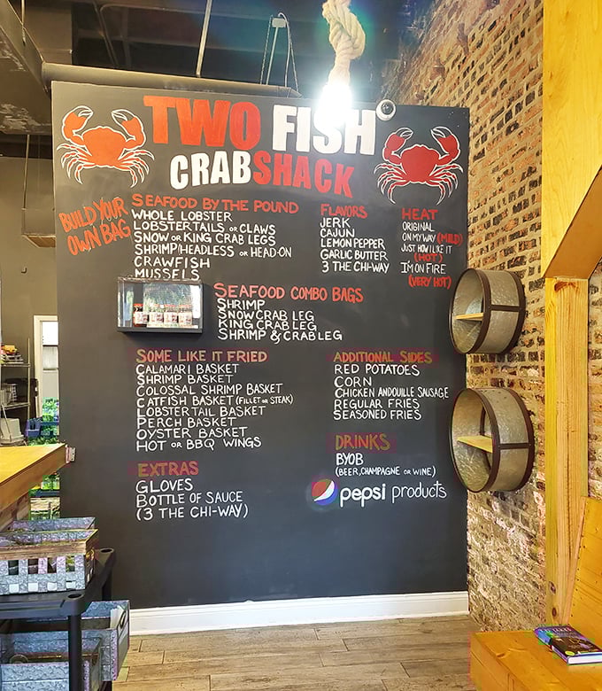 The chalkboard menu – a treasure map where X marks the spot for seafood gold. Choose your own adventure, but choose wisely.