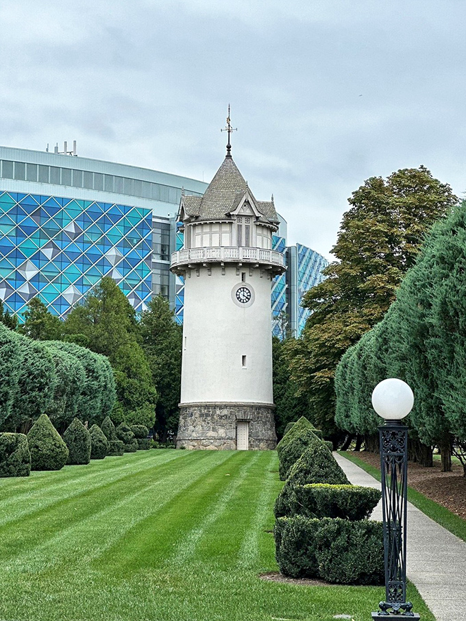 This charming water tower stands like an architectural exclamation point against the modern hospital building—old money nodding politely at new progress.