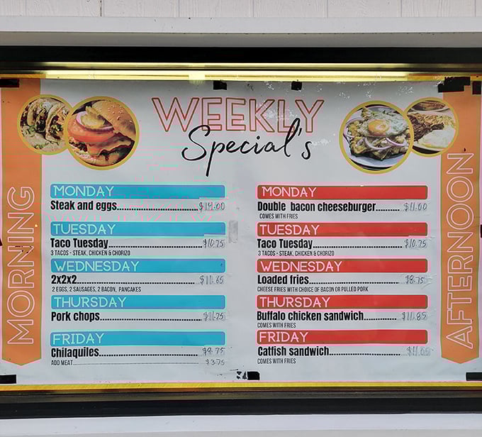 The weekly specials board – a calendar that measures time not in days, but in opportunities for delicious decisions.