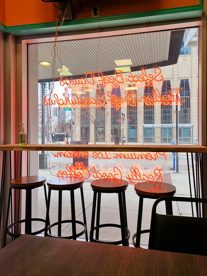 Window seating offers prime people-watching with your meal—dinner and a show, Columbus-style.