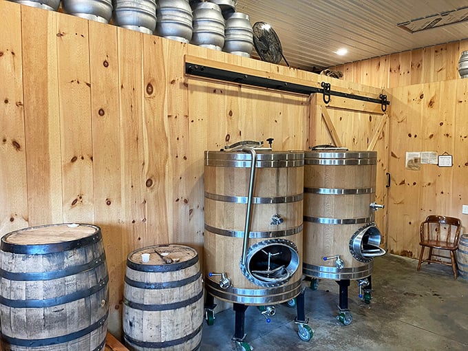 Wooden fermenters standing like sentinels of flavor. Whatever's brewing in there, I'm already mentally clearing my schedule.