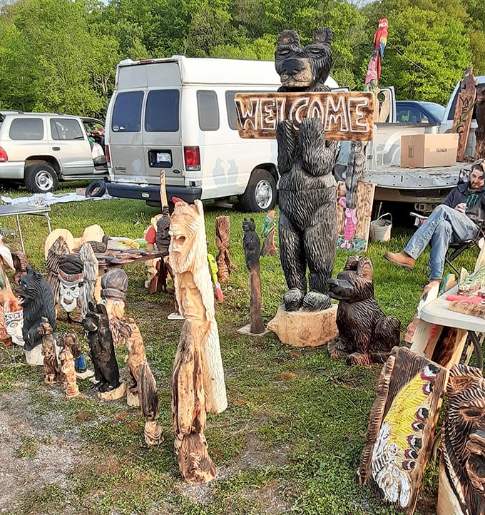 Wooden bears and forest creatures stand sentinel, carved with chainsaws but finished with surprising tenderness—rustic Michigan in sculptural form.