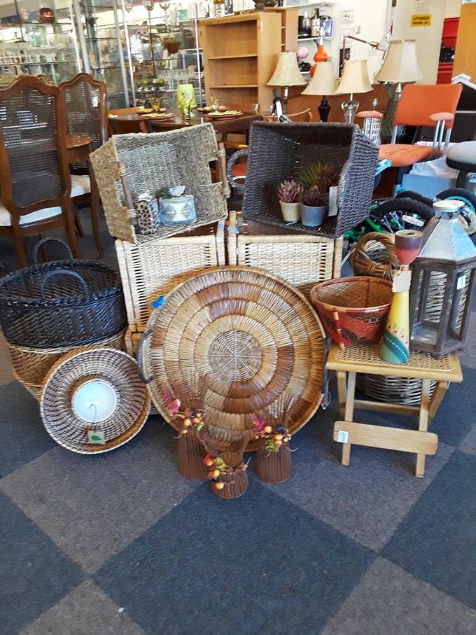 Wicker wonderland! These baskets and chairs aren't just furniture; they're bohemian dreams at bargain basement prices.