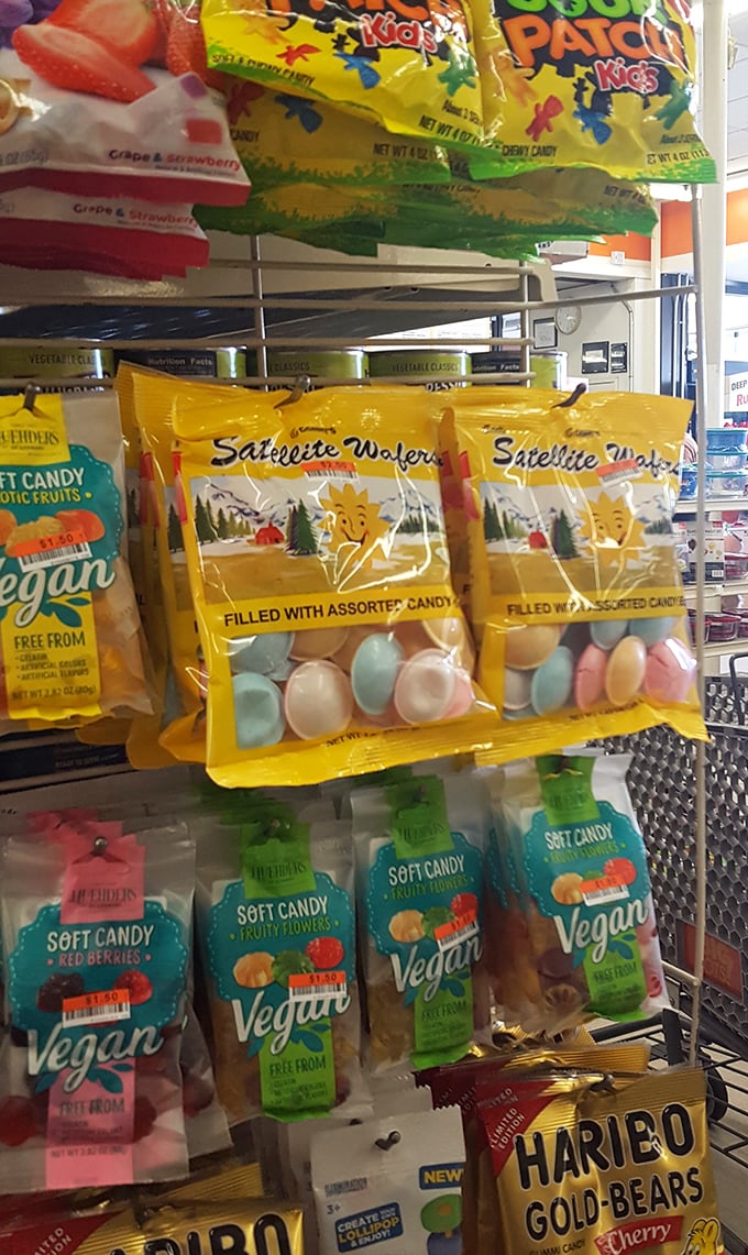 Satellite Wafers and nostalgic candies share shelf space with trendy vegan treats – a sugar-coated time machine spanning generations of sweet tooths.