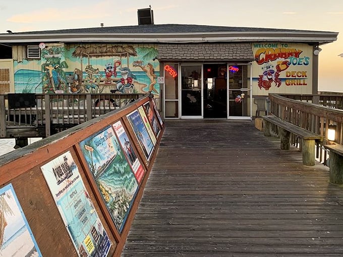 Cartoon paradise! Crabby Joe's whimsical entrance and colorful murals set the stage for a dining experience that's as playful as its oceanfront setting.