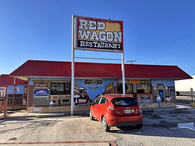 Red Wagon Restaurant's bold sign and colorful murals make it impossible to miss – a Brownwood landmark serving up nostalgia.