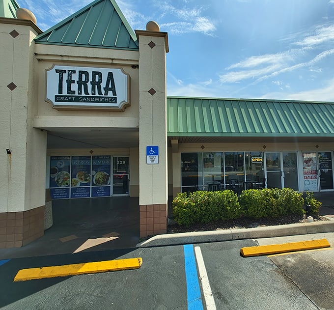 Terra Craft Sandwiches' clean storefront promises artisanal creations in a shopping plaza setting – like finding a gourmet pearl in a fast-food ocean.