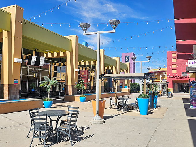 Bright colors, open skies, and a seat waiting just for you — shopping here feels less like a chore and more like a sunny afternoon escape.