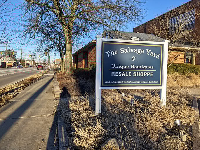 The Salvage Yard's classic sign promises "unique boutiques" in a world of cookie-cutter retail experiences.
