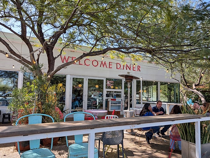 Welcome Diner's outdoor seating invites you to enjoy Arizona sunshine with your morning coffee – pure bliss.